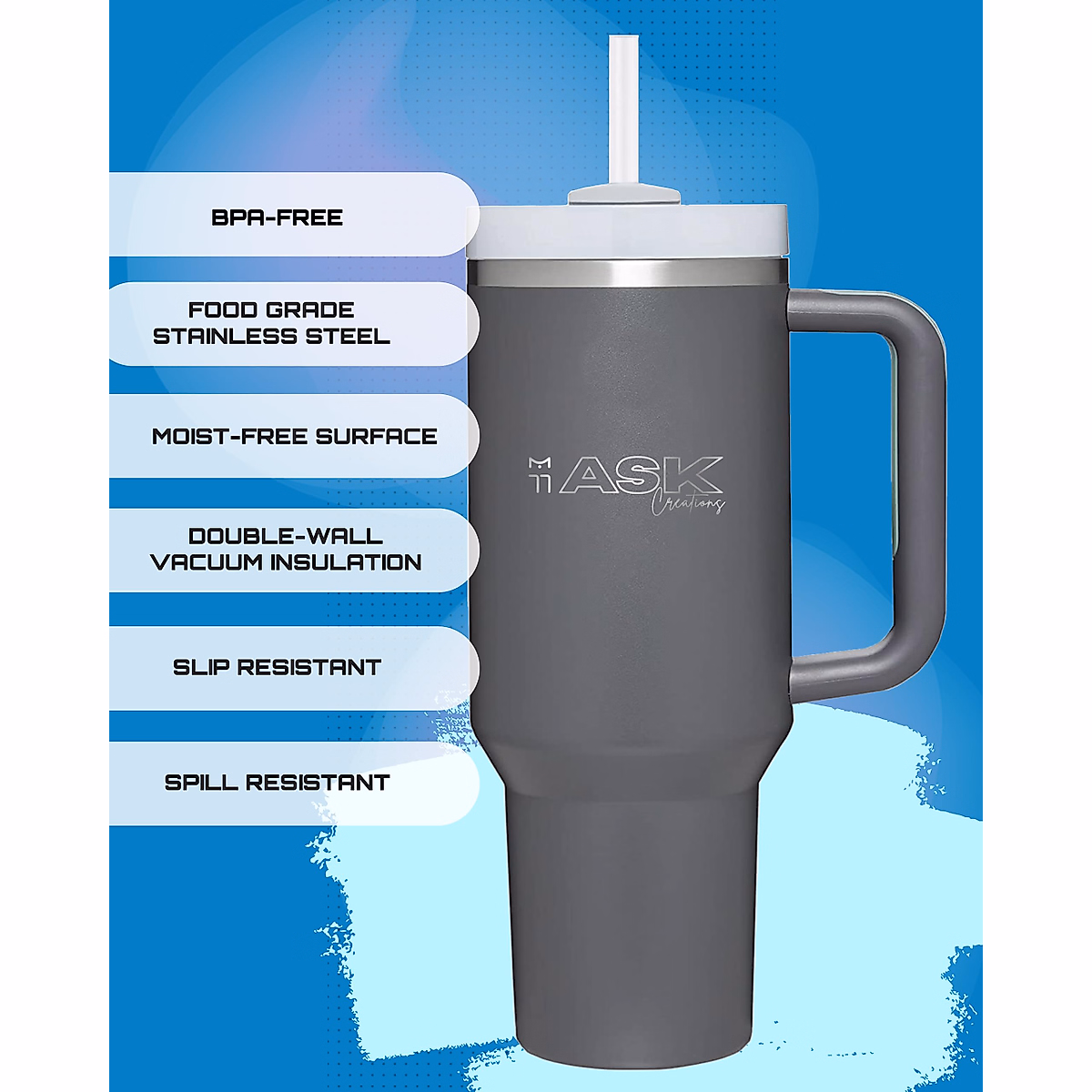 Ask HydroQuench 2.0 40oz /1183 ml Tumbler - Insulated Stainless Steel Travel Mug with reusable Straw, and Silicone Boot. (Charcoal)