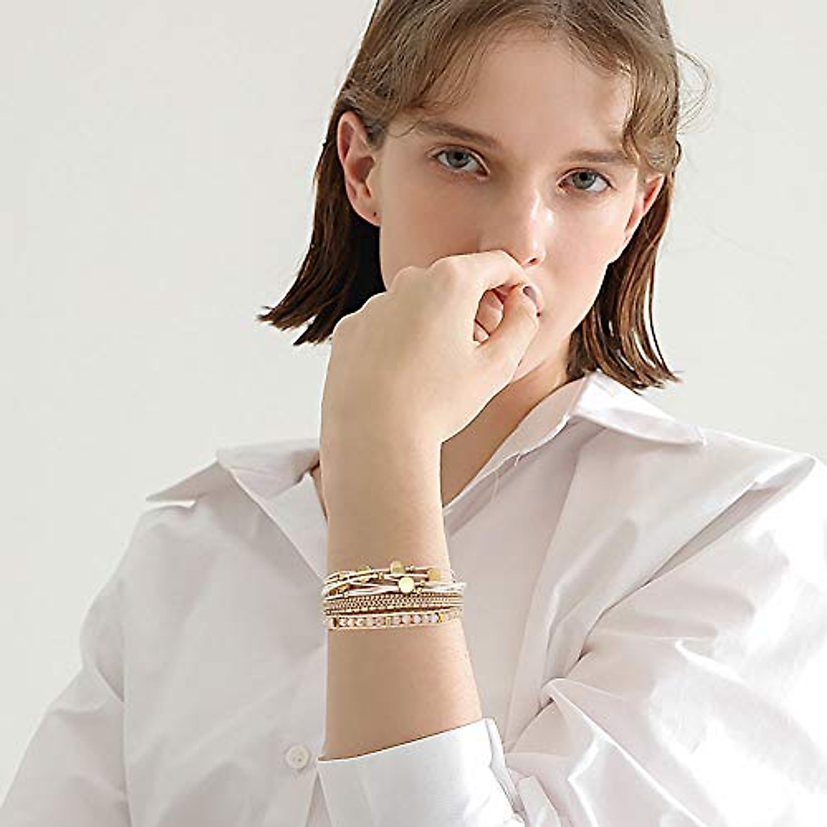 Wovanoo Leather Wrap Bracelet Set 3Pack Multilayer Cuff Bracelet Magnetic Clasp Bracelet Bead Crystal Bracelet for Women Girls Crystal