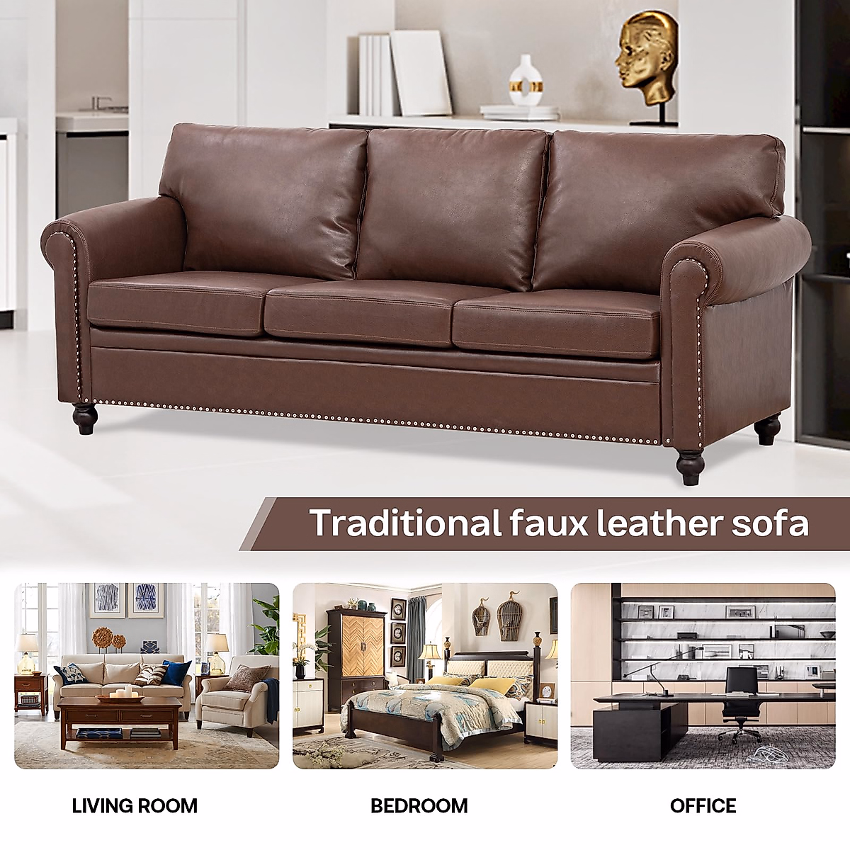 INOTEVERITORY Brown Leather Couch，Comfy Classic 3 Seater Living Room Sofa，Mid-Century Modern Sofa with Detachable Cushions 84" for Living Rooms, Bedrooms, Offices,Apartments Tool-Free Assembly