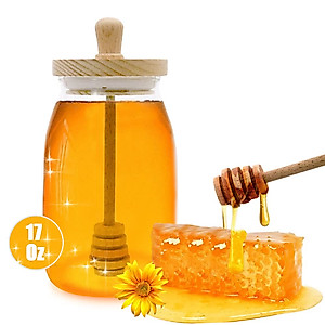 TOFOAN Honey Jar with Dipper and Lid Cover Crystal Beehive Glass Honey Pot for Home Kitchen Store Honey and Syrup, Clear Gorgeous Bee Decor, Honey Container 17 Oz (Honey Jar)