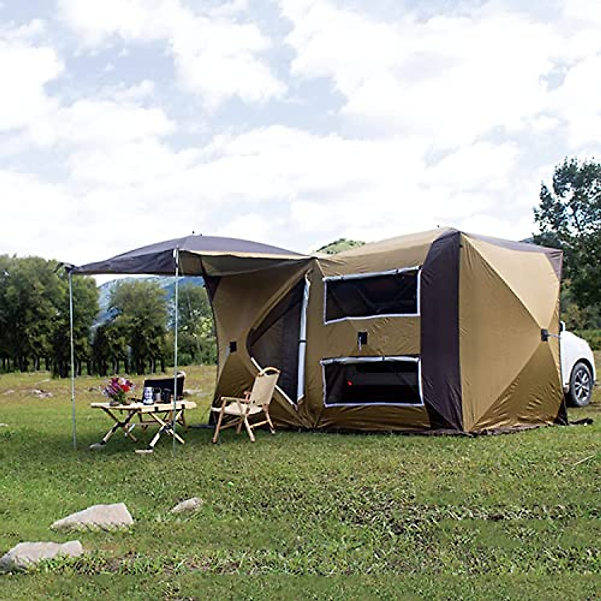 MERAXI Car Rear Tent Automatic Pop Up Tailgate Tent Rear Door Hatch Tent - SUV Trunk Tents Car Tail Tent with Big Screen & Extendable Awning