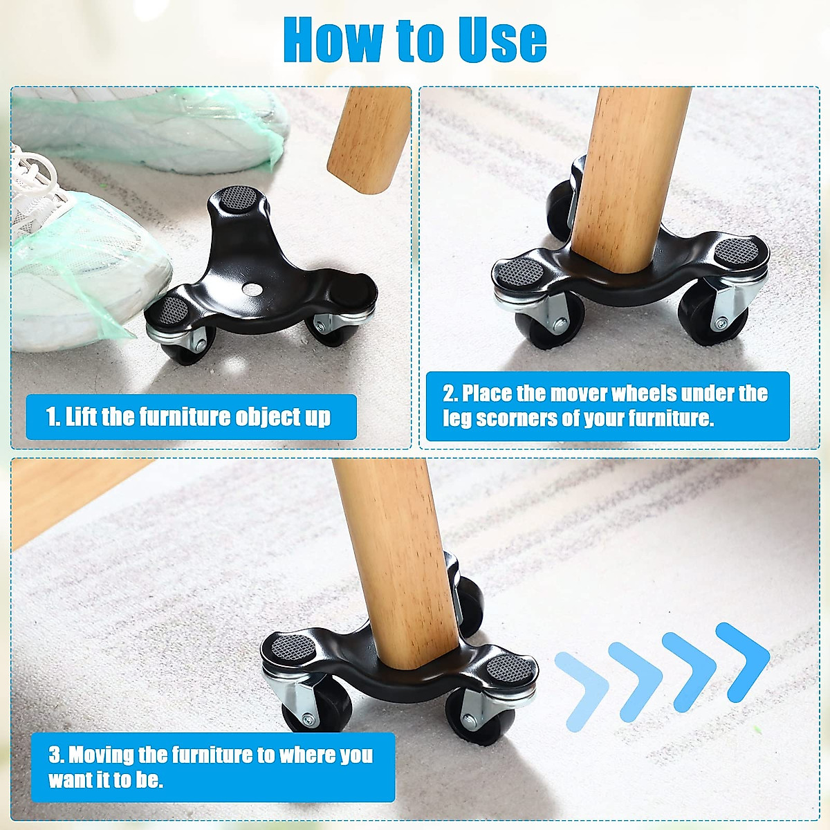 12 Pcs Furniture Moving Dolly 3 Wheel Steel Tri Dolly Heavy Duty Movers Mobile Rollers Triangle Swivel Caster Easy Moving Tool for Home Furniture 200 Lbs Load Capacity