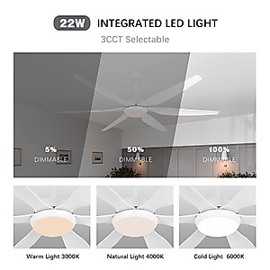 Wozzio 65 Inch Ceiling Fan with Lights and Remote,6 Blades,Reversible,6 Speed Noiseless DC Motor,Large Ceiling Fan White for Indoor Outdoor Bedroom/Patios/Farmhouse