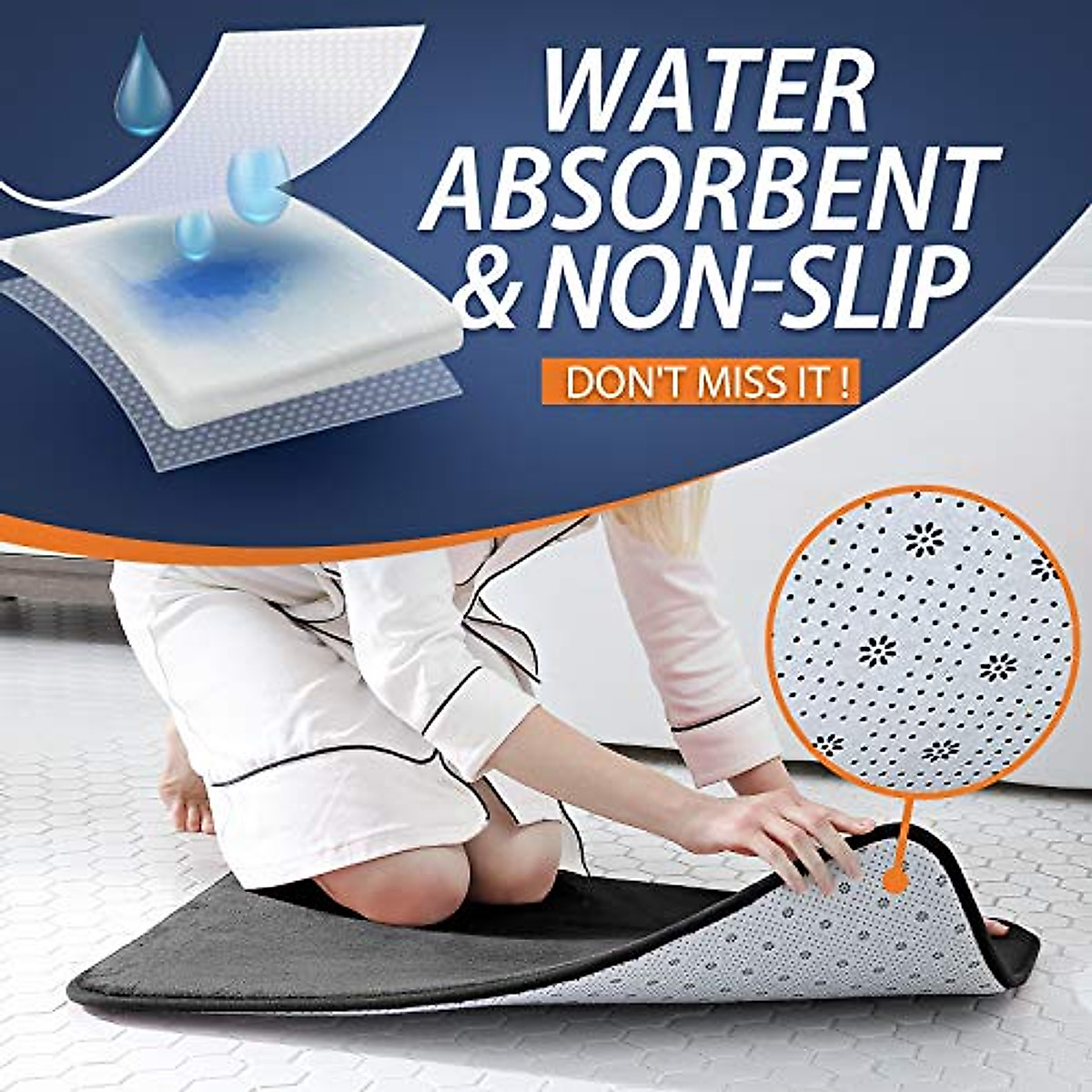 Walensee Extra Thick Memory Foam Bath Rug (17x24 Black) Non Slip Absorbent Super Cozy Velvet Bathroom Mat, Luxury Soft Plush Small Carpet for Bath Room Shower Floor Tub, Machine Wash Dry