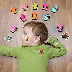 122 Pcs Truck Party Favors Kits Set Truck Theme Mini Cars Toys Cartoon Tattoo Stickers Keychain Wristband Bracelet Badge Stamper Goody Treat Candy Bags for Girls Boys Birthday Party Supplies