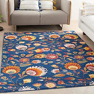 Nourison Allur Floral Navy Multicolor 5'3" x 7'3" Area -Rug, Easy -Cleaning, Non Shedding, Bed Room, Living Room, Dining Room, Kitchen (5x7)