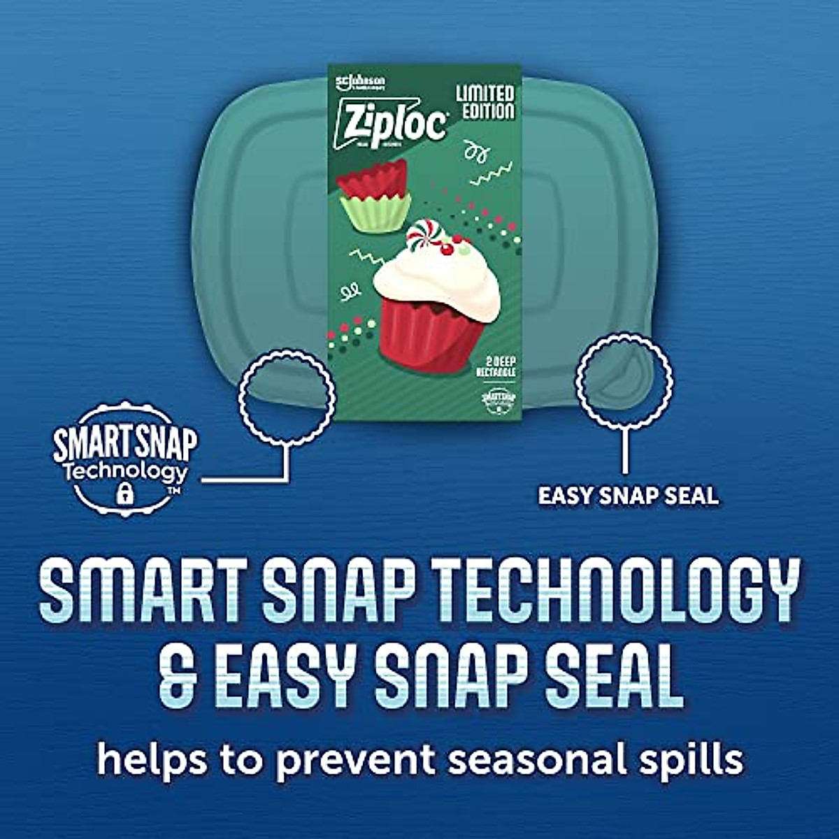 Ziploc Food Storage Meal Prep Containers Reusable for Kitchen Organization, Smart Snap Technology, Dishwasher Safe, Deep Square, 3 Count, Holiday Designs, Packaging May Vary