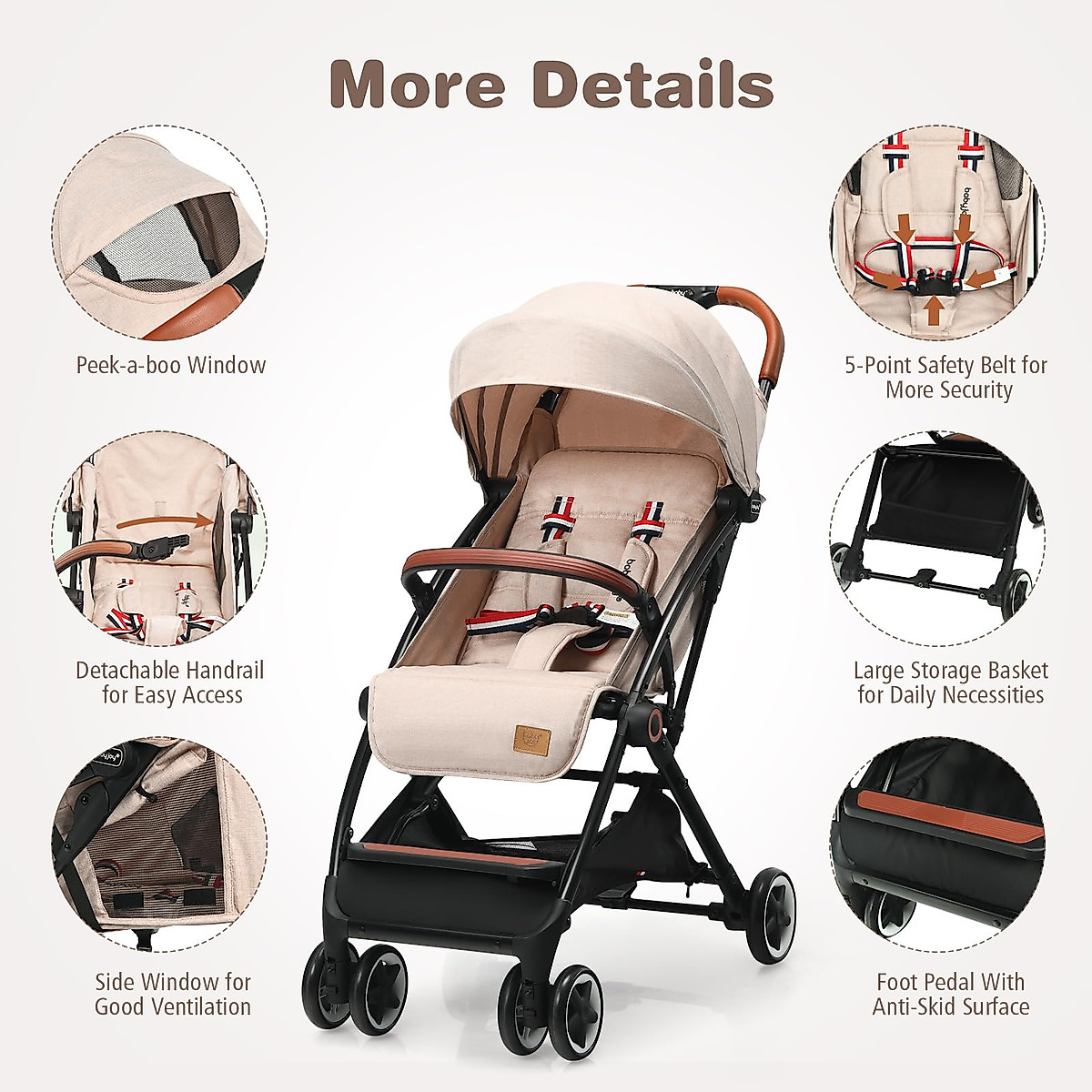 BABY JOY Lightweight Baby Stroller, Compact Toddler Travel Stroller for Airplane, Infant Stroller w/ 5-Point Harness, Adjustable Backrest/Footrest/Canopy, Storage Basket, Easy One-Hand Fold, Beige