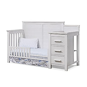 Sorelle Furniture Farmhouse Crib and Changer with Rustic Solid Back Classic -in- Convertible Diaper Changing Table Non-Toxic Finish Wooden Baby Bed Toddler Full-Size Nursery - Weathered White