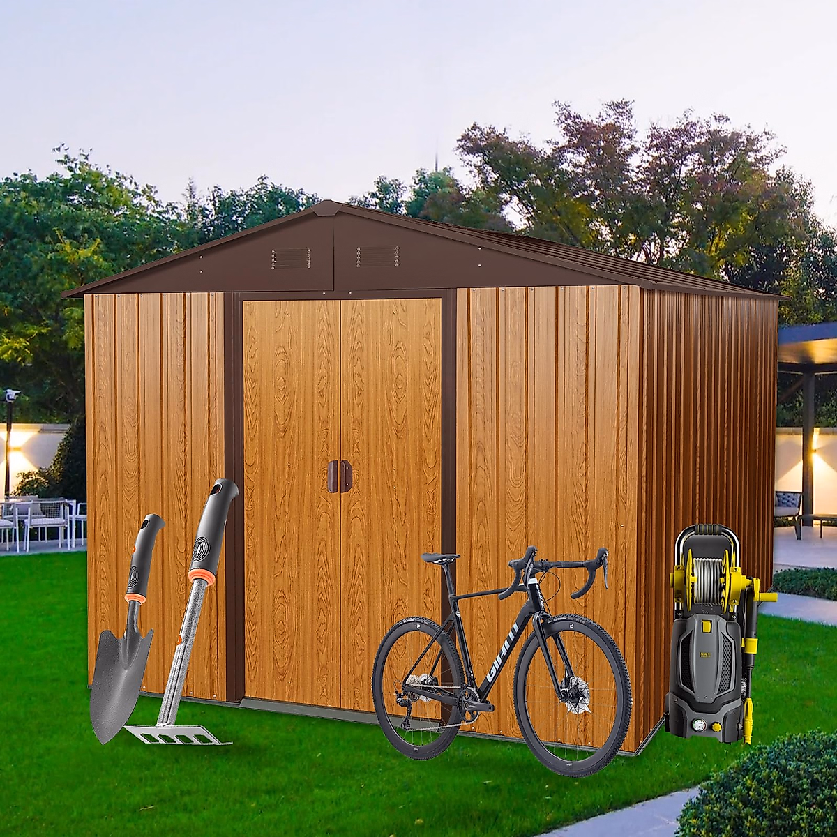 Lovtimber 10x8 FT Outdoor Storage Shed, Garden Tool House with Metal Floor Base, Double Sliding Doors, Air Vents, Storage Clearance for Backyard, Patio, Garage, Lawn, Coffee