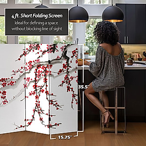 Red Lantern 4 ft. Short Double Sided Plum Blossom Canvas Folding Screen 6 Panel Freestanding Partition and Separator for Modern and Contemporary Bedroom, Home Office, Studio, Dorm, Apartment