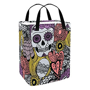 Mexican Skull Flower Print Collapsible Laundry Hamper, 60L Waterproof Laundry Baskets Washing Bin Clothes Toys Storage for Dorm Bathroom Bedroom