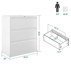 YITAHOME 3 Drawer Lateral File Cabinet with Lock, Metal Stainless Steel Wide Lateral Filing Cabinet for Legal/Letter A4 Size, Office Organizer Storage Cabinet,White