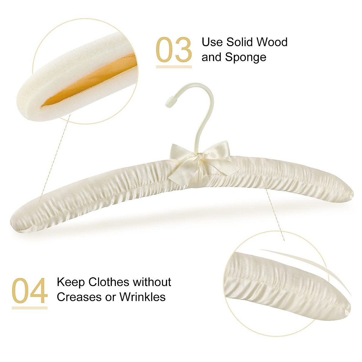 TOPIA HANGER Padded Hangers for Women Clothing,17-inch Satin Hangers 10 Pack Thick Foam Padded No Shoulder Bump for Sweaters, Coat, Blouses, Dresses-Ivory,CT18I-10