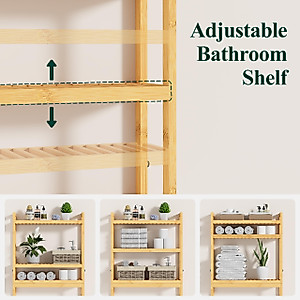 Smiry Over The Toilet Storage, Bamboo 3-Tier Over Toilet Bathroom Organizer with Adjustable Shelf, Fit Most Toilets, Space Saving, Stable Freestanding Storage Cabinet with 4 Hooks, Natural