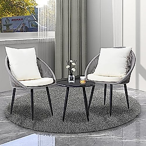 BETTAHOME 3 Piece Bistro Set, Patio Furniture Set with Cushion and Pillow, Outdoor Balcony Woven Chairs and Table, Grey and Black