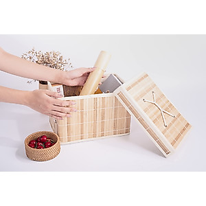 BEMIAO Foldable Bamboo Storage Organizer with Lid, Premium Fabric Wicker Bin, Storage Bin, Natural Basket for Closet, Nursery, Bedroom, Living Room, Light Brown