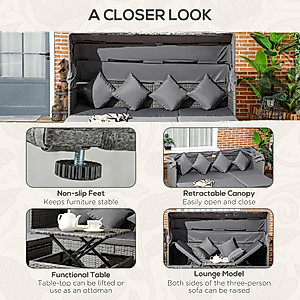 Outsunny 4 Piece Patio Furniture Set with Cushions, PE Rattan Daybed with Retractable Canopy, Outdoor Sectional Sofa Set with Adjustable Backrest, Height Adjustable Coffee Table, Light Gray