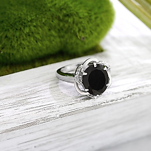Gem Stone King 925 Sterling Silver Black Onyx Engagement Ring For Women (4.07 Cttw, Gemstone December Birthstone, Oval 12X10MM, Available in Size 5,6,7,8,9)