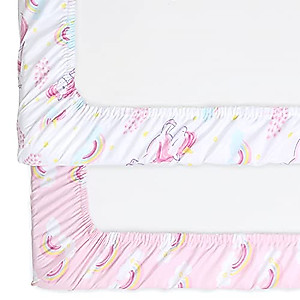 The Peanutshell Mini Crib Sheet Set for Baby Girls - 2 Pack Set for Mini Crib, Pack n Play, Playard - Pink Unicorn & Rainbow