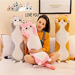 MDXMY Long Stuffed Cat Plush Pillow Cute Cat Stuffed Animals Soft Long Body Throw Sleeping Pillow(Pink,19.6inch)