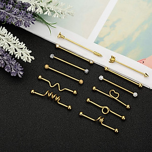 Masedy 12Pcs 14G 316L Stainless Steel Industrial Barbell Earrings for Women Men Cartilage Helix Piercing Gold