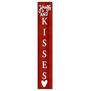 KPSheng 8x48 Inch Hugs And Kisses Porch Sign, Valentine Heart Sign Standing Hanging Porch Decor for Valentine's Day Home Front Door Yard Party Decor