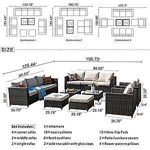 ovios Patio Furniture Set, 12 PCS Big Size Outdoor Furniture Set All Weather Rattan Wicker Sofa Sectional Set with Glass Table, Garden, Backyard, No Assembly Required (Grey-Beige)