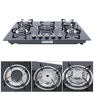 BJTDLLX 30" Gas Cooktop, Built-in 5 Burners Gas Stove Gas Hob Stovetop Thermocouple Protection Gas Range, Tempered Glass Cooktop Porcelain Ena Grates, Natural Gas LPG Gas Easy to Clean, 30.3”*20”