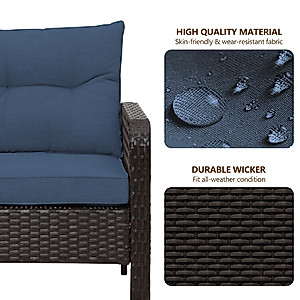 RoyalCraft 4 Pieces Patio Furniture Set, Outdoor Rattan Chair Wicker Conversation Sets with Cushions and Glass Coffee Table, for Porch Balcony Garden Backyard Deck, Brown and Navy