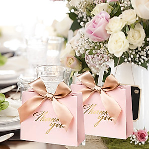 25 Pack Thank You Gift Bag, Small Pink Gift Bags with Gold Ribbon, Baby Shower Party Favor Boxes, Paper Treat Bag Bulk Mini Party Gift Boxes for Birthday Wedding Bridal Shower Business