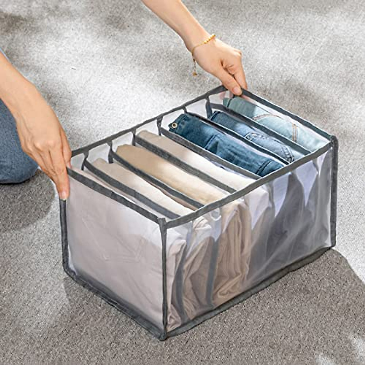 Clothing Organizer Washable Drawer Dividers 7 Girds Foldable Closet Jeans Compartment Storage Box Dresser Organizers Clear Mesh Separation Box for Underwear Bra Legging Pants T-Shirt