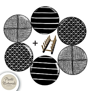 Piatti Naturali Ceramic Dinner Plates Set of 6, 10.2 inch Black Plates Microwave and Dishwasher Safe, Scratch Resistant.