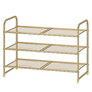 Simple Trending 3-Tier Stackable Shoe Rack, Expandable & Adjustable Shoe Shelf Storage Organizer, Metal Mesh, Gold