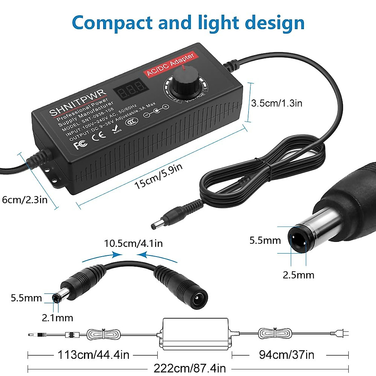 SHNITPWR Universal Power Supply Adjustable DC 24V 12V 9V 14V 19V 30V 36V AC Adapter Multi-Voltage 9V ~ 36V 3A 108W DC Power Adapter 100V~240V AC to DC Variable Power Converter 14 Tips 5.5x2.5mm