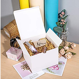SHIPKEY 10PCS White Cardboard Gift Boxes with lids | 8x8x6 Inch Gift Boxes with Pull Bows(Golden Ribbons) | for Party, Wedding, Christmas, Holidays, Birthdays, Gift Wrap, and All Other Occasions
