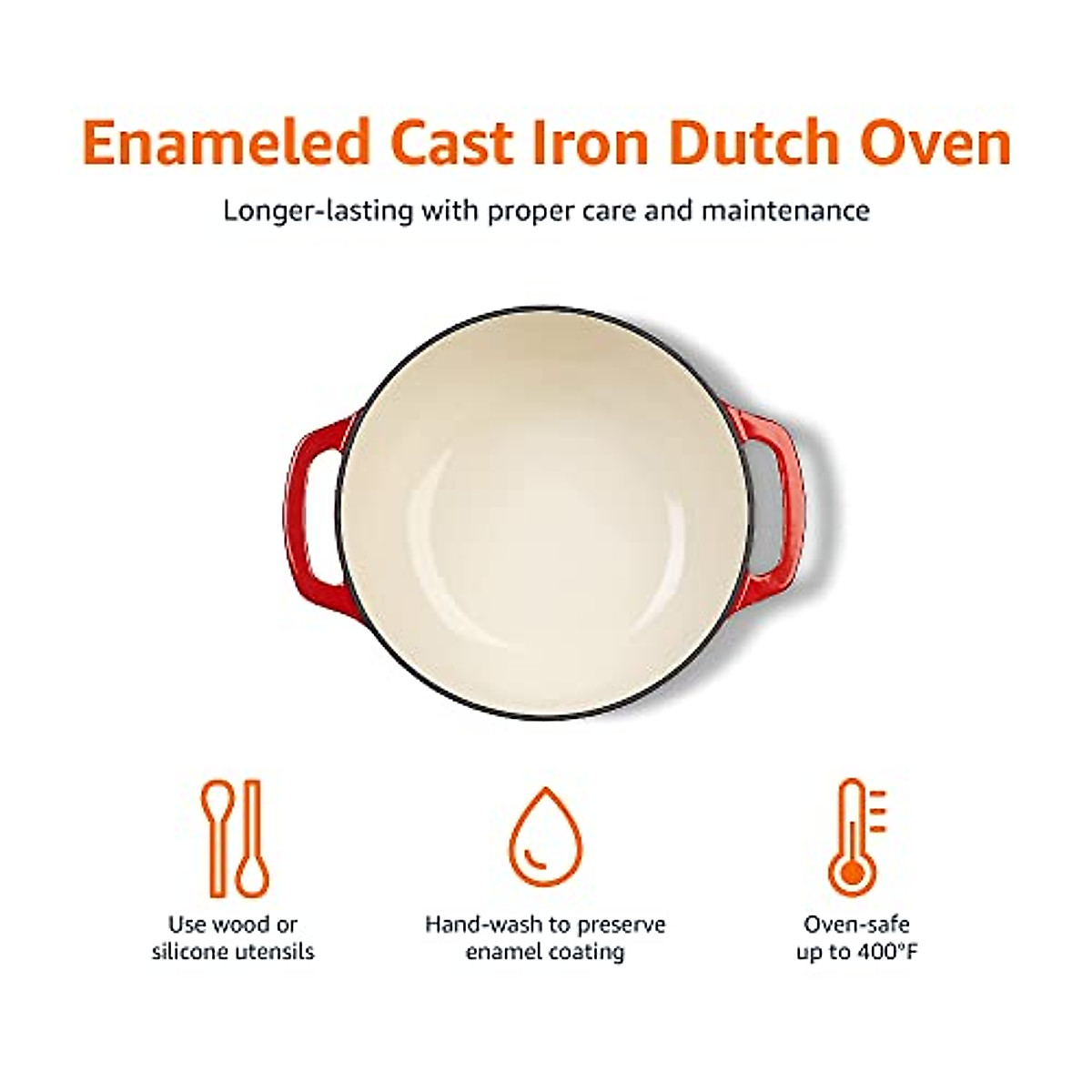 Amazon Basics Enameled Cast Iron Covered Dutch Oven, 6-Quart, Red