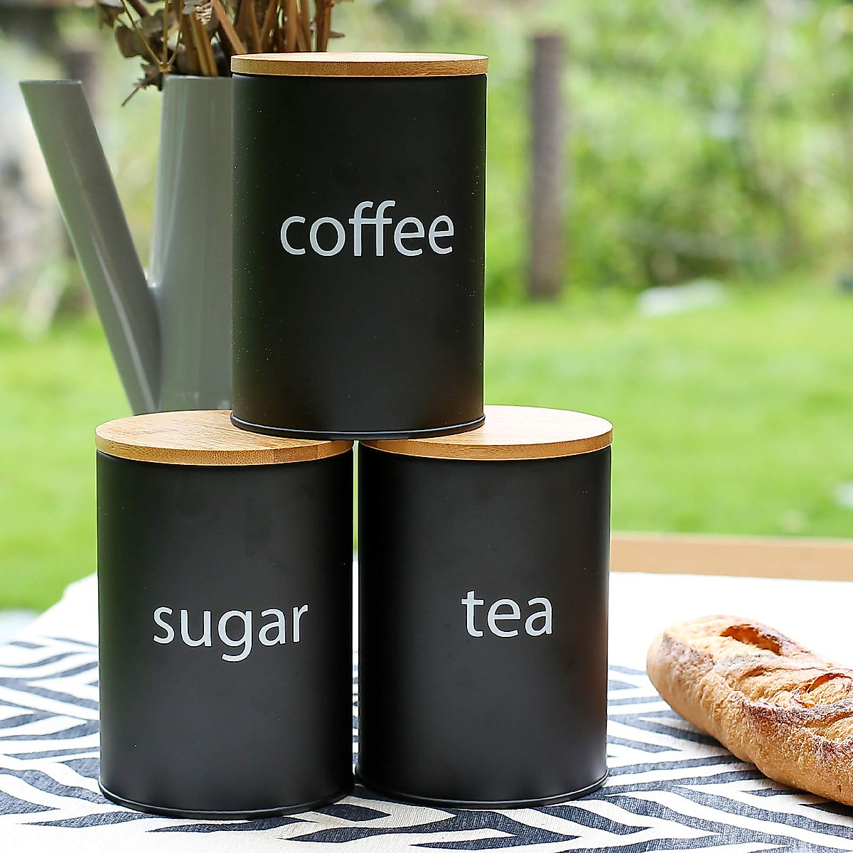 SOTECH Metal Food Storage Jar Farmhouse Coffee Canisters with Bamboo Lids,Black Kitchen Canisters Set of 3 Decorative Canisters for Kitchen Counter,Home Decor,Sugar Coffee and Tea Container Set