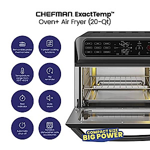 Chefman Air Fryer Toaster Oven Combo with Probe Thermometer, 12-In-1 Stainless Black Convection Oven Countertop, 10 Inch Pizza, 4 Slices of Toast, Cooking, Baking, Toasting, Roaster Oven Airfryer 20QT