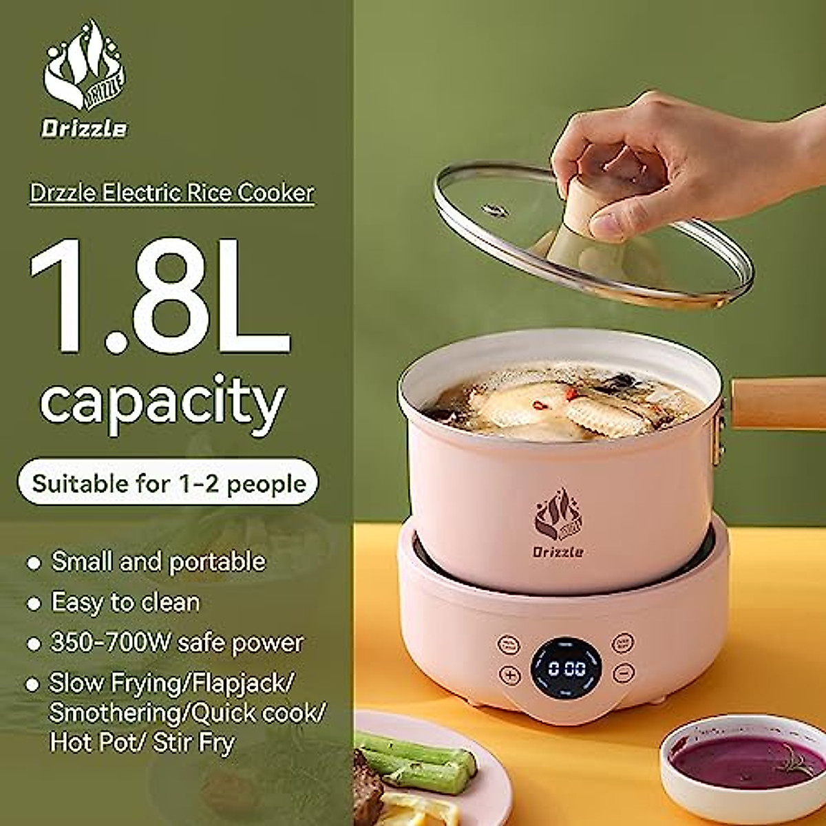 Drizzle Pink Electrical Cooker 1.8L - 6 in 1 Soup,Prridge,Noodle,Steamer,Hot Pot,Delay Start - Multifunctional Hot Pot Non-stick Portable Pan - Egg Rice Ramen Oatmeal Steak Pasta - Dorm Office Hotel Camping