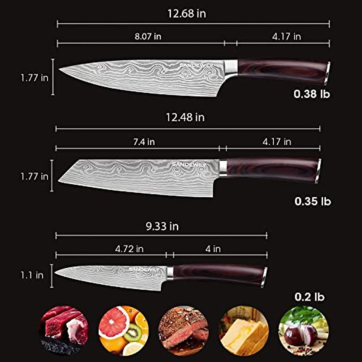 SANDEWILY Professional Kitchen Knives High Carbon Stainless Steel Chef Knife Set,3PCS Ultra Sharp Japanese Knife with Sheath,Ergonomic Pakkawood Handle Elegant Gift Box for Home or Restaurant