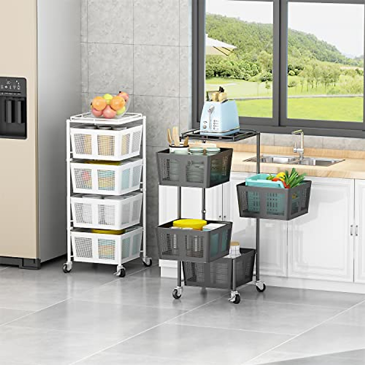 Moxeay Rotating Storage Rack Multi-Layer Kitchen Storage Shelf Square Removable Metal Basket Stackable Fruit Vegetable Storage Bins Household Shelf for Kitchen Bathroom
