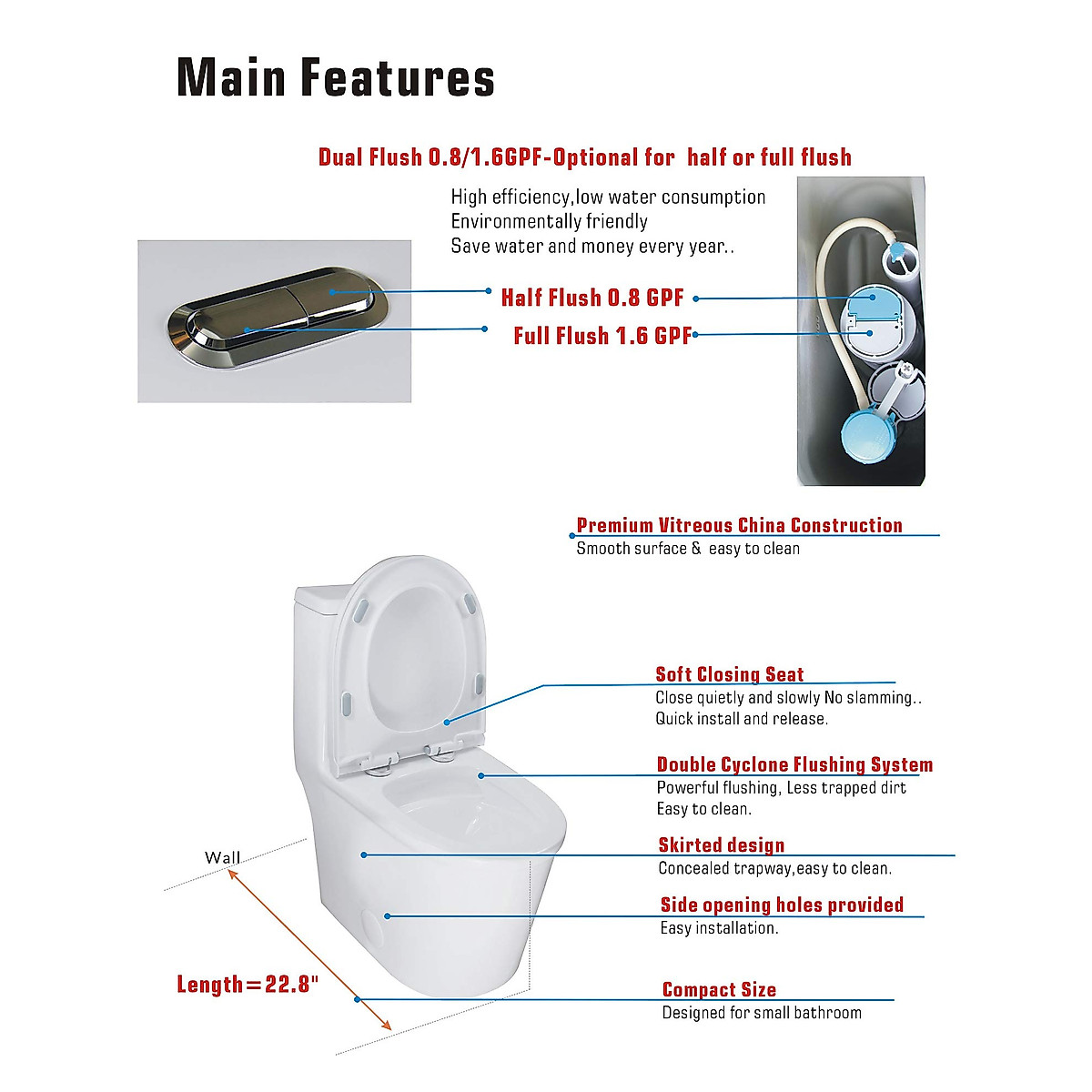 WinZo WZ5079S Modern Compact Round One Piece Toilet 10" Rough-in High Efficiency Dual Flush for Small Bathroom