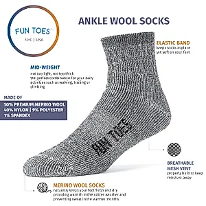 FUN TOES Merino Wool Ankle Socks 6 Pairs Arch Support and Cushioning Heel to Toe Reinforcement Ideal for Hiking (Black, Women 9-11)