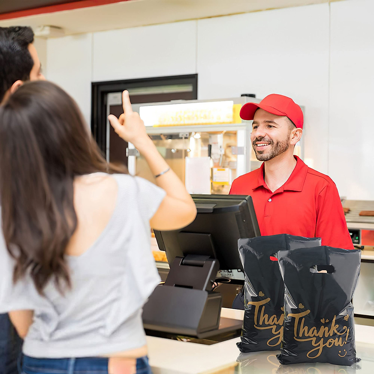 100Packs Thank You Shopping Bags for Boutique Small Business Die Cut Handle 12x15 Inch Glossy Bulk Retail Merchandise Bags Black Gold Plastic Reusable Gift Bags for T-Shirt Packaging Goodie Bags