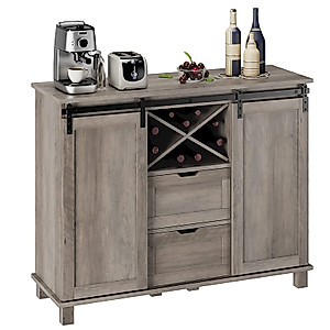 HOSTACK Farmhouse Buffet Sideboard, Coffee Bar Cabinet with Storage, Liquor Wine Cabinet with Sliding Barn Doors, Accent Storage Cabinet for Kitchen, Ash Grey