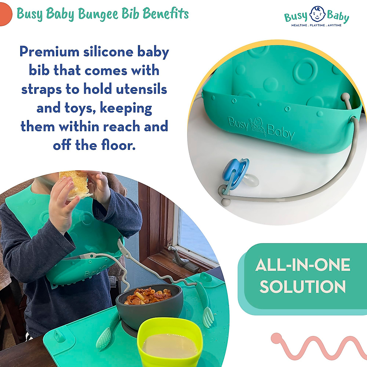 BUSY BABY - Silicone Baby Bib & Bungees, 1-Stop-Drop Travel Bib, 2-Silicone Bungees that Easily Attach to Bib & Keep Things Off the Floor (Pewter)