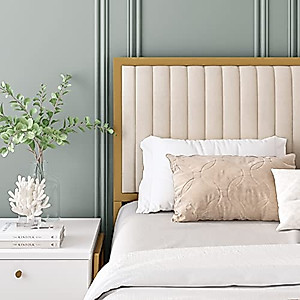 HIFIT Queen Size Bed Frame, Queen Bed Frame with Headboard, Heavy Duty Metal Foundation, Upholstered Bed Frame with Velvet Tufted Headboard, Wood Slat Support, No Box Spring Needed, Gold & Ivory White
