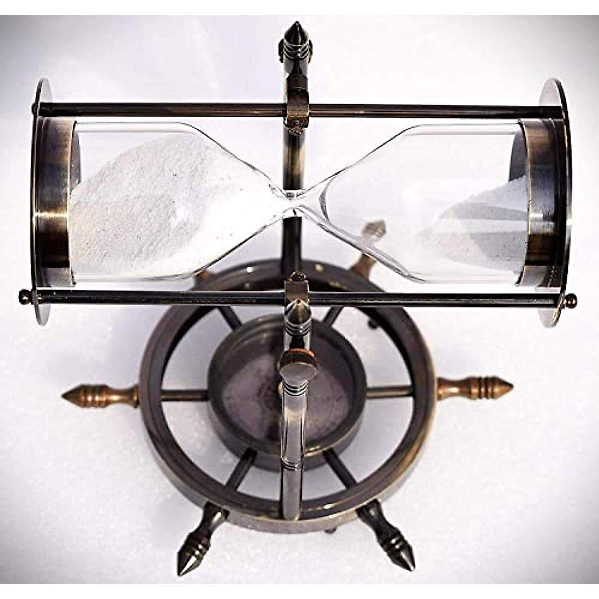 Nautical Maritime Black Antique Full Brass Sand Timer Hourglass with Wheel Compass Base Brass Antique Sand Timer Hourglass with Wheel Compass Base & Hanging Decor Item
