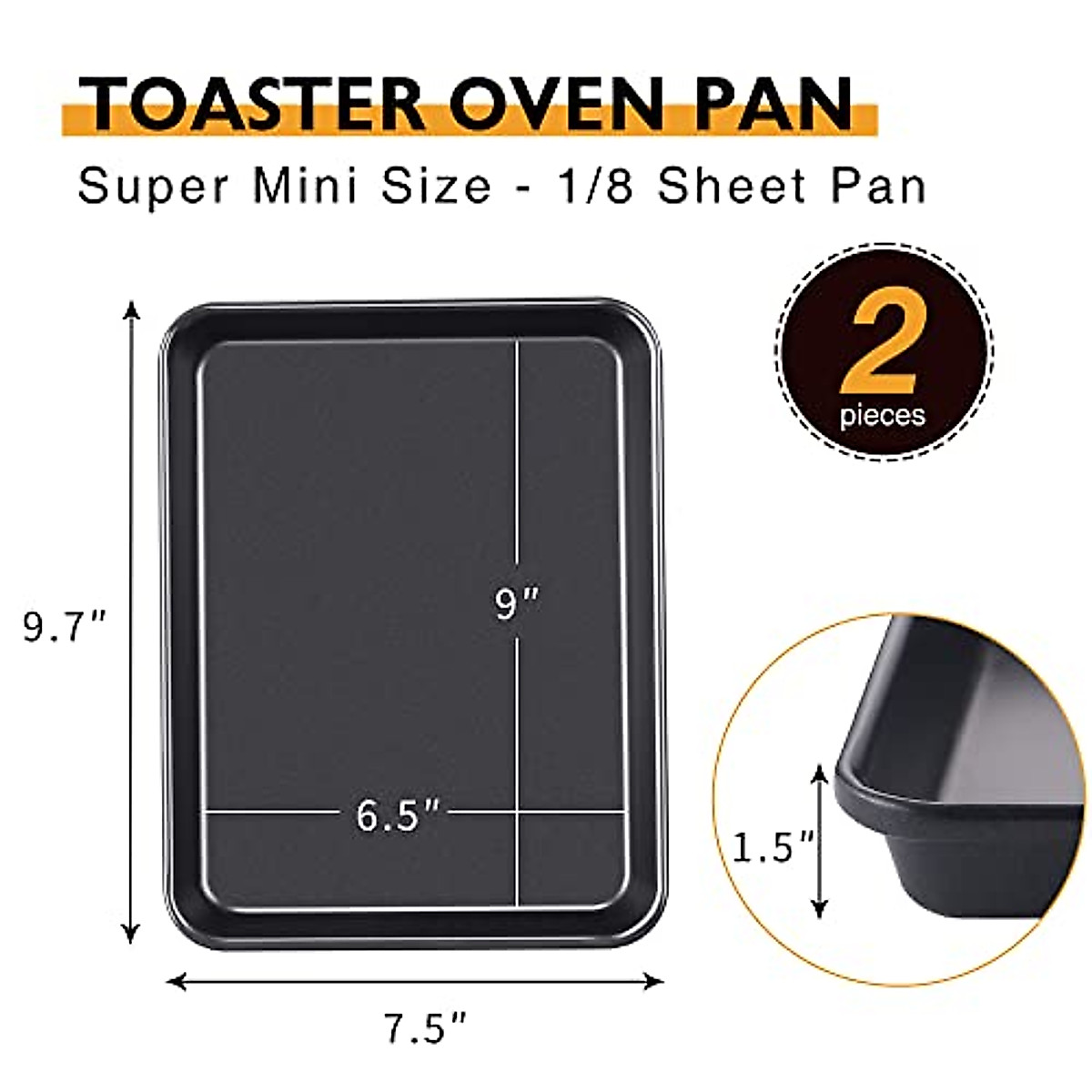 HONGBAKE Toaster Oven Pans for Baking, Nonstick 1/8 Cookie Sheet Pan Set, Small Baking Tray, 9.7X7.5", Dishwasher Safe and Heavy Duty, 2 Pack - Black